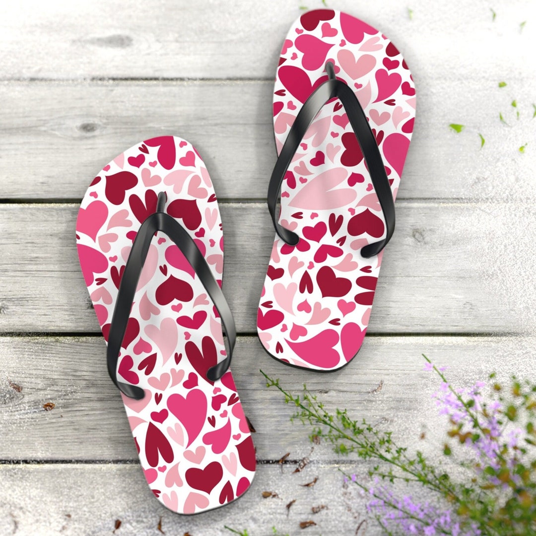 Flip Flops Gender Neutral Pink & Red Heart Scatter Pattern Polyester ...