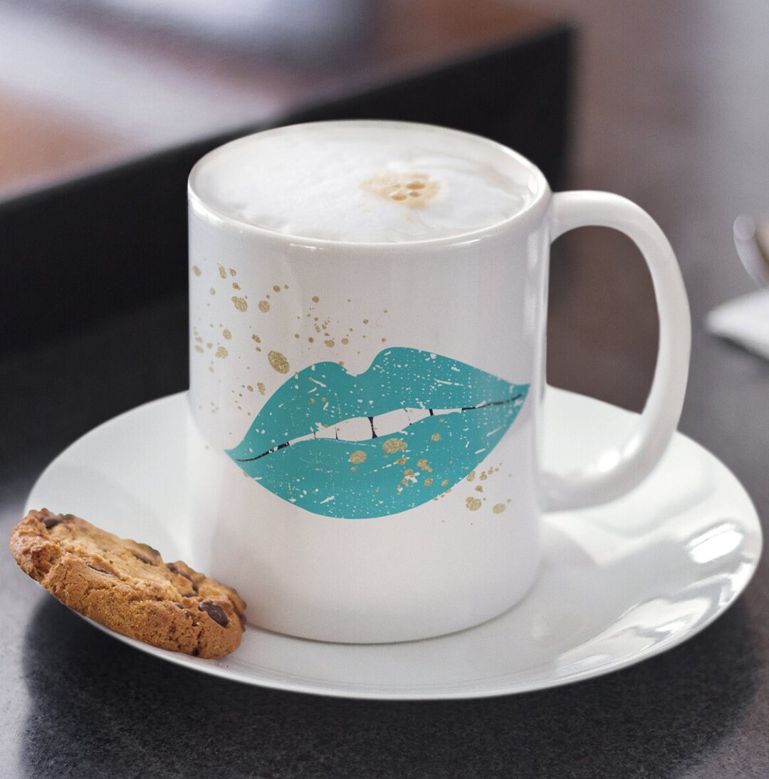 Distressed Lips W/ Gold Splatter Coffee Mug , Choice Black*, Red, Pink ...