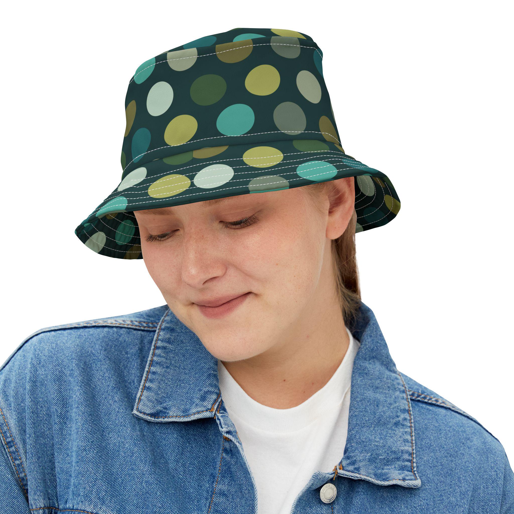 Bucket Hat in Mid Mod Martini Large Polka Dots Print With Teals Olives ...