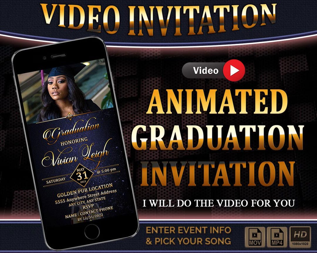 Digital Graduation Party Invitation, Animated Gold College Party ...