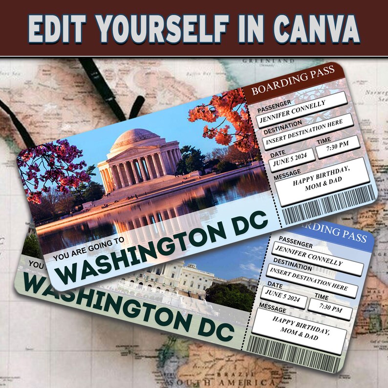 Washington DC Trip Ticket , Washington DC Surprise Boarding Pass ...