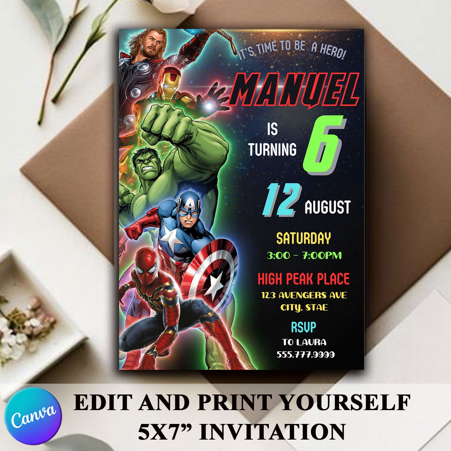 Avengers Birthday Invitation Template, Kids Party Invite (canva ...
