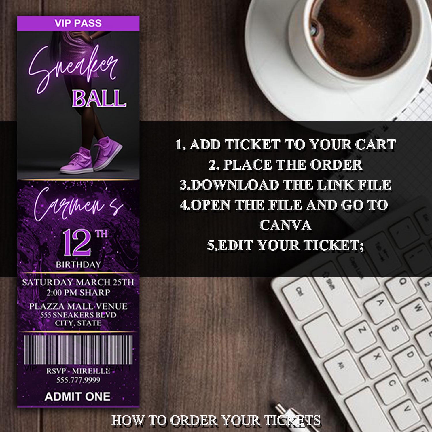 Sneaker Ball Ticket Template: Purple Birthday, Sweet 16 (digital ...