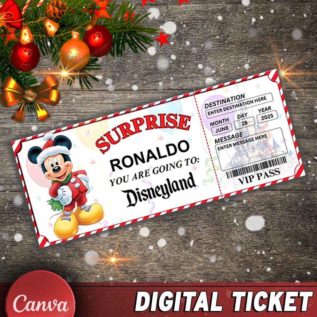 Editable Christmas Disneyland Ticket Theme Park Surprise Reveal Ticket ...