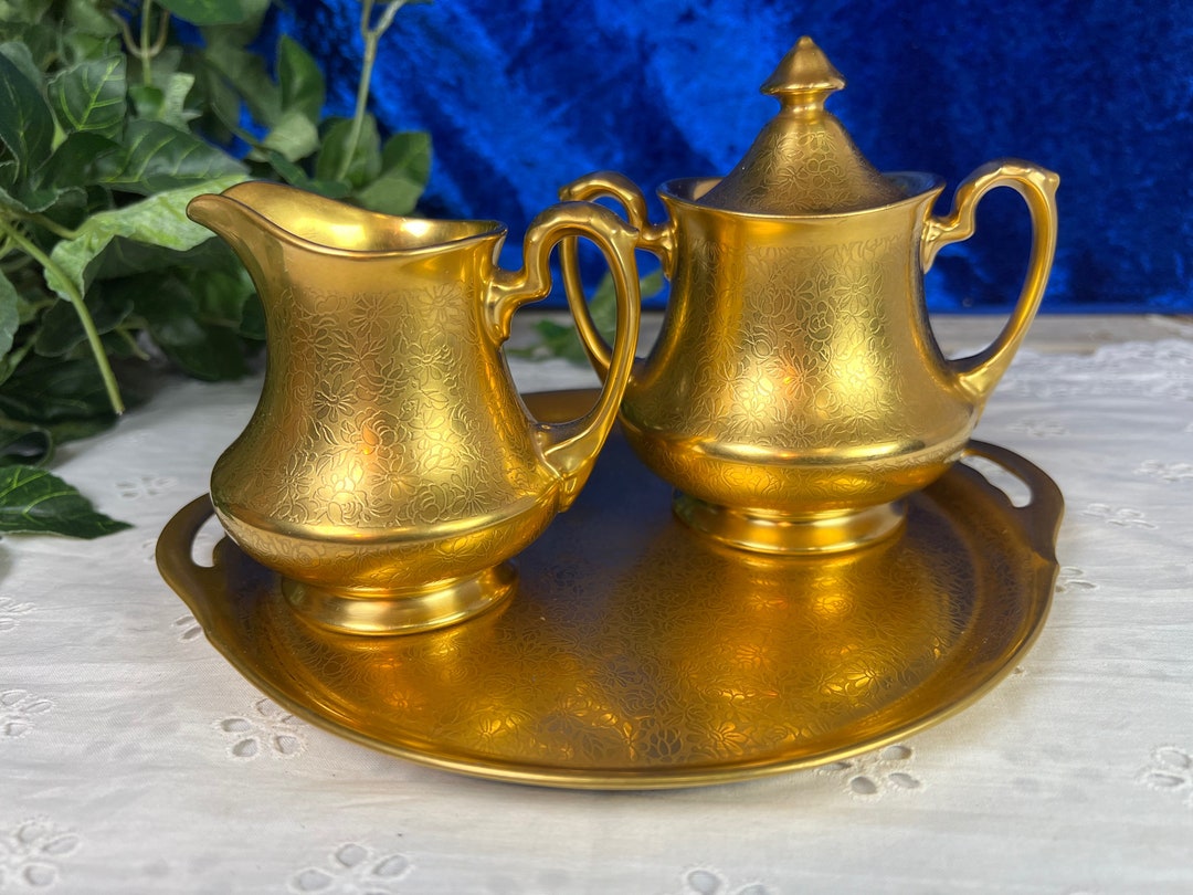 Vintage 1930s Pickard China Cream Sugar Tray Tea Set, 24K Gold W/ Rose ...
