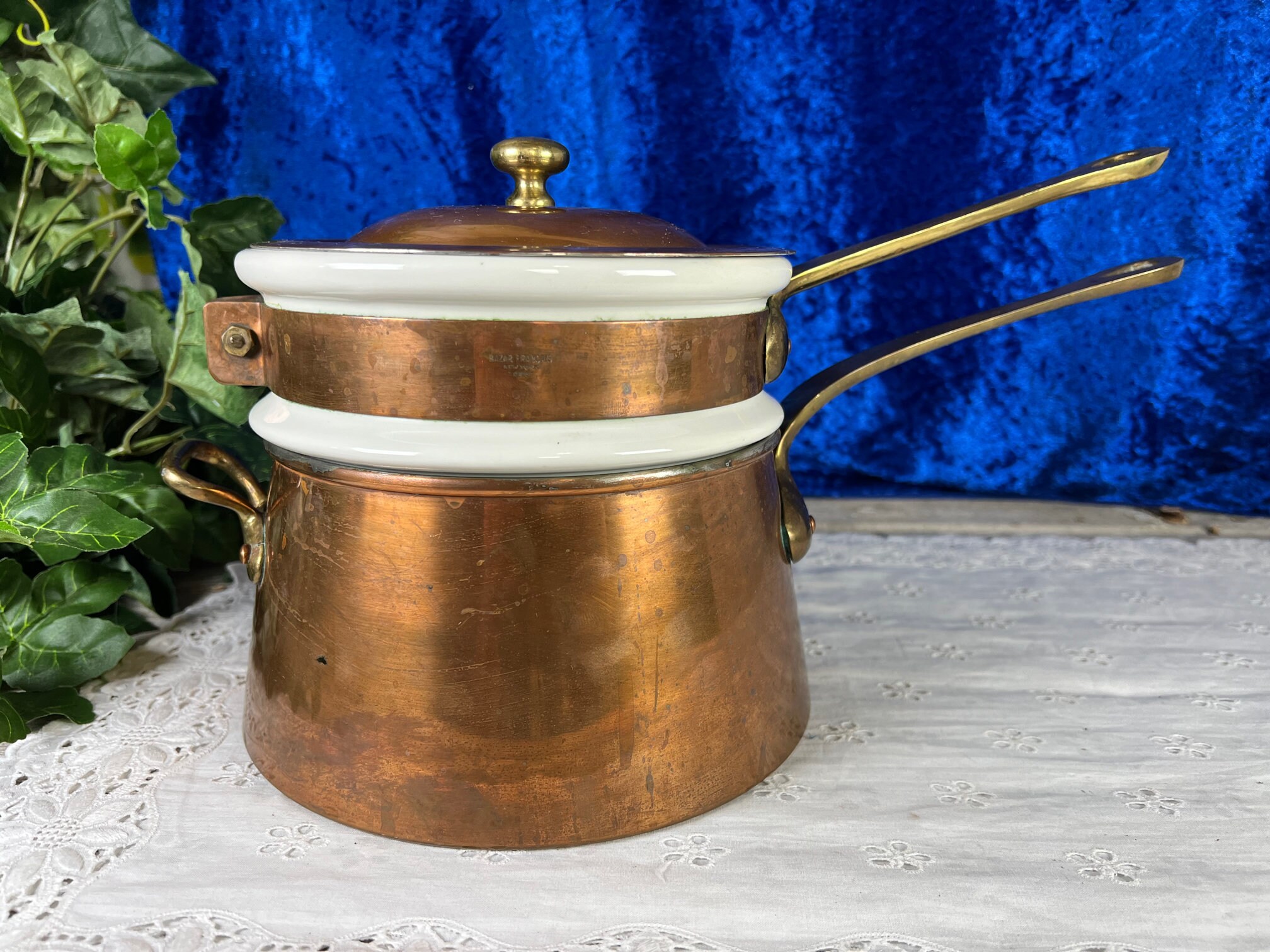 Vintage Copper Brass Double Boiler Pot, Bazar Francais 666 / Hall China ...