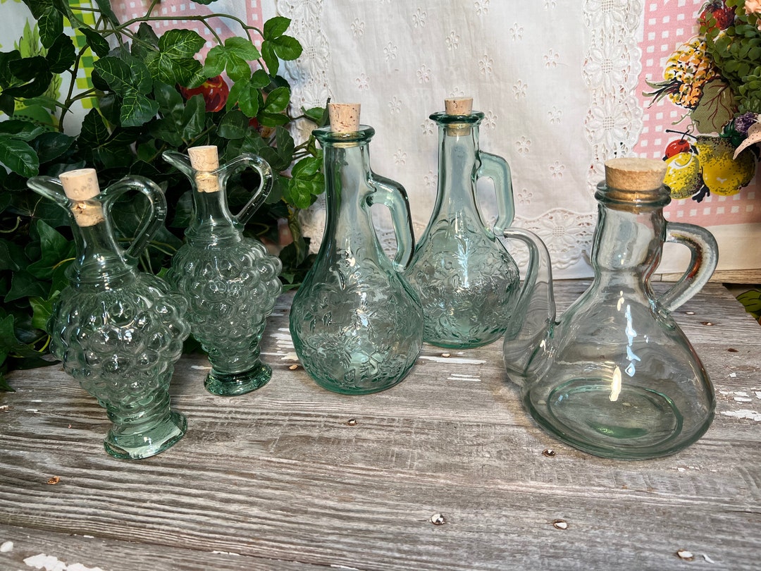 Vintage Green Glass Oil Vinegar Cruets, Aqua Bottles Decanters, Choice ...