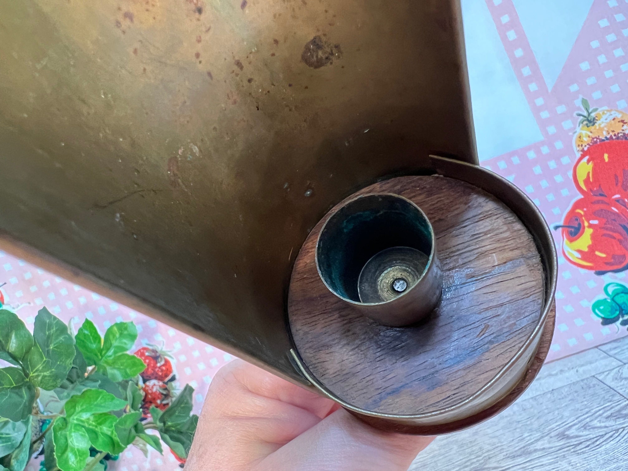 Antique Brass Candle Holder Sconce: Wood Handle, Rustic Farmhouse Decor ...