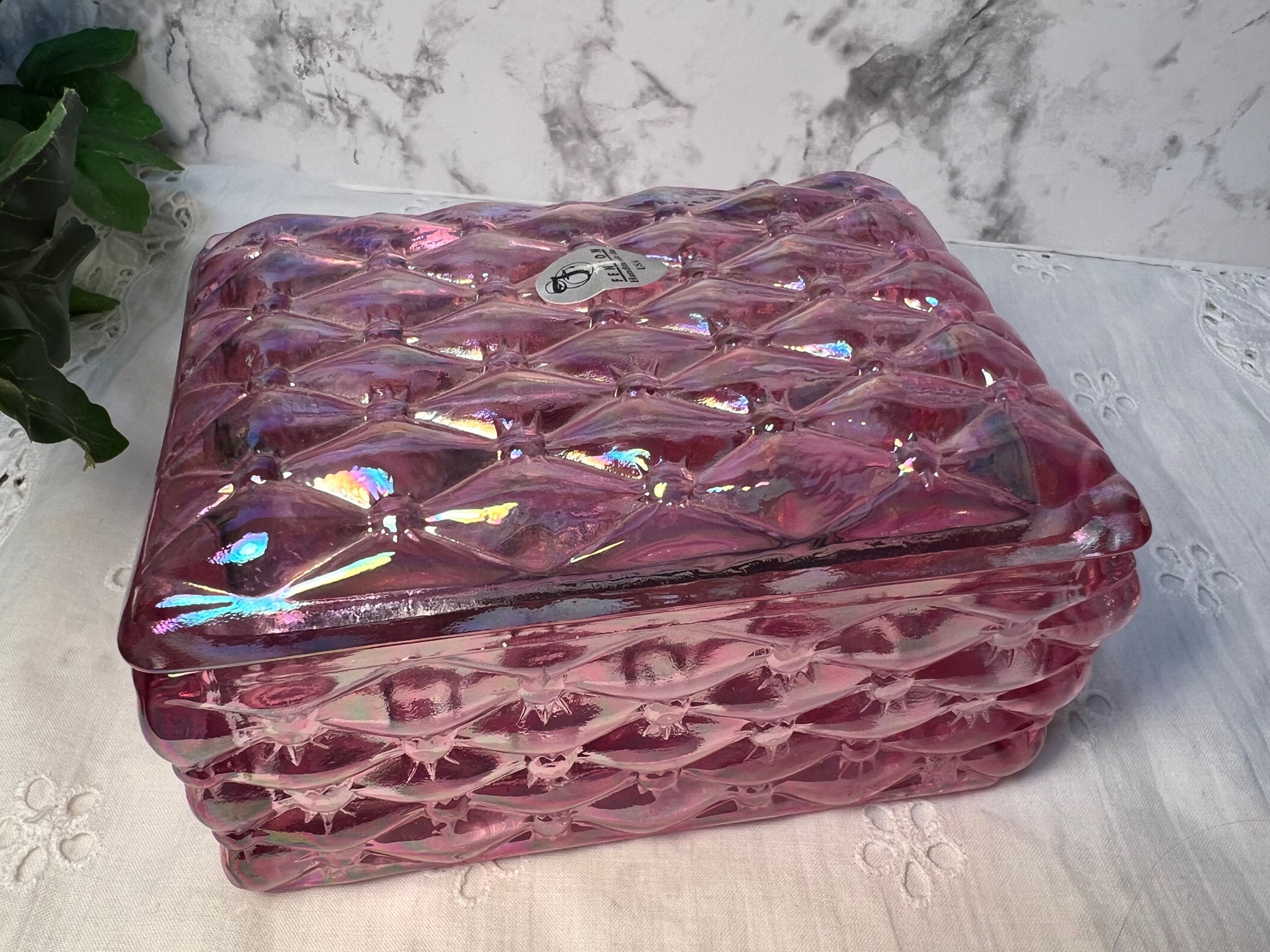 Vintage 1980s Fenton Box, Pink Iridescent Diamond Pattern, Art Glass ...
