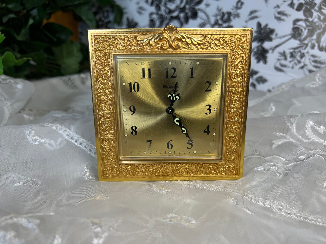 Vintage Bulova Square Ornate Gold Alarm Clock, Desk, Night Stand, Wind ...
