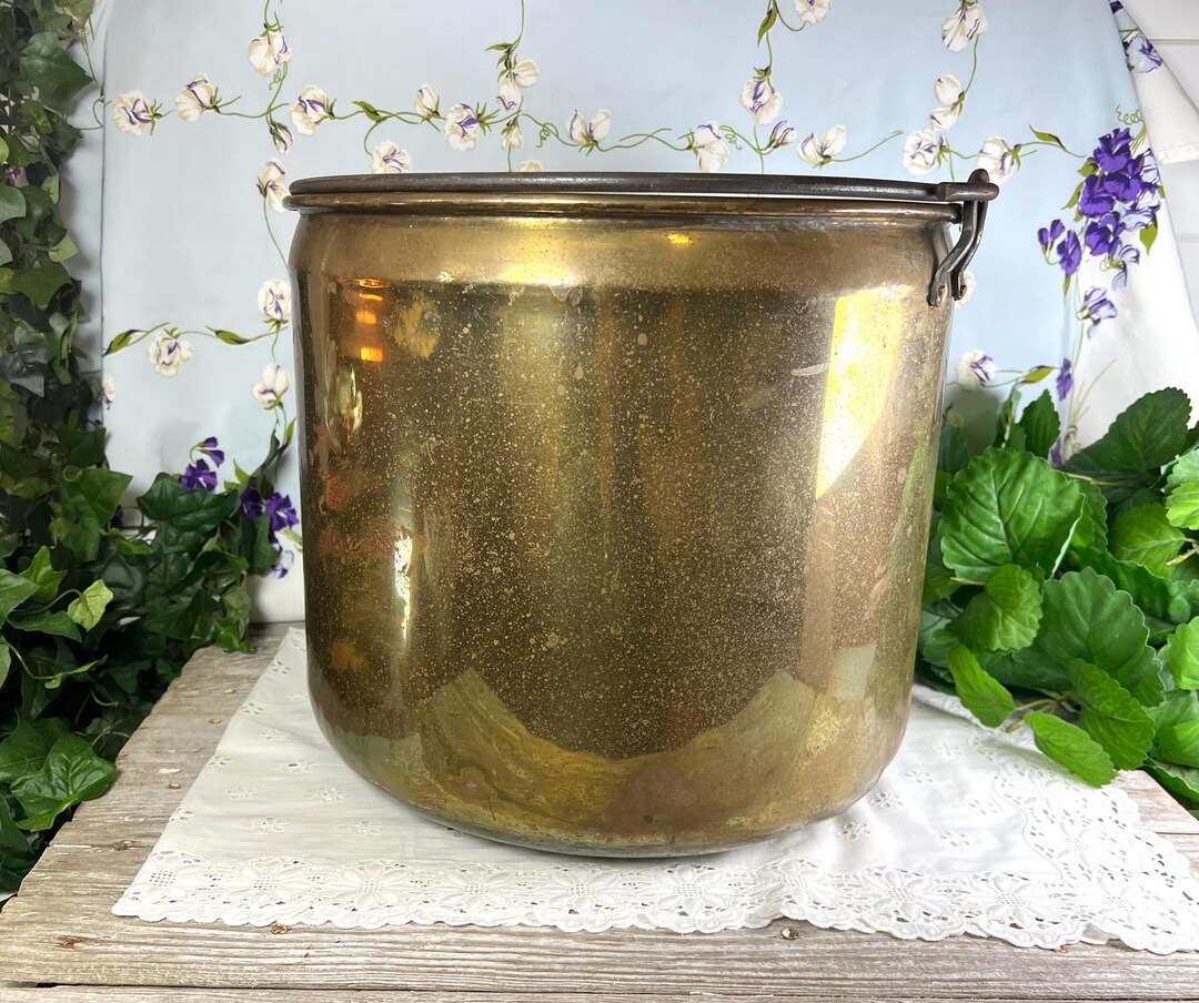 Vintage Large Brass Pot Pail Kettle 15”, Forged Iron Bail Handle, Holds ...