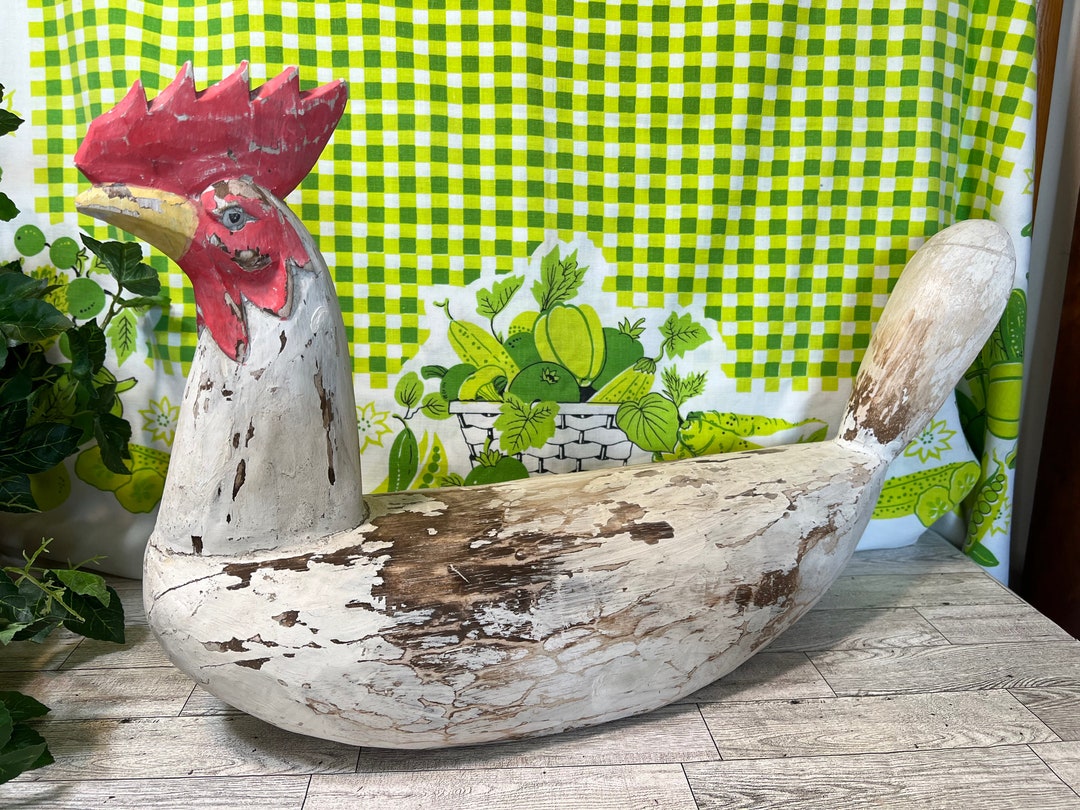 Vintage Large Hand Carved Wood Chicken, Wooden Rooster, Primitive Folk ...