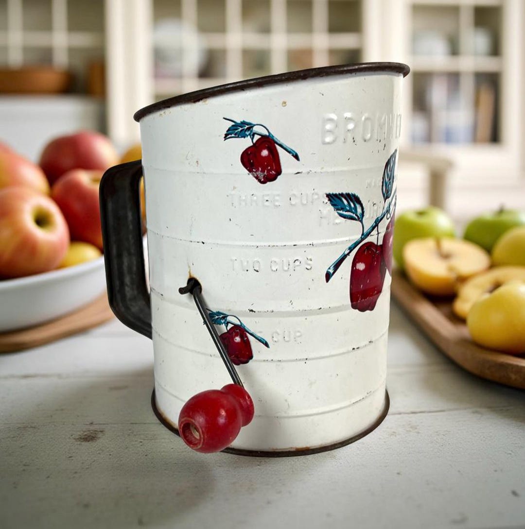 Vintage Flour Sifter, Painted Apples, Red Wood Handle, Bromwells Flour ...