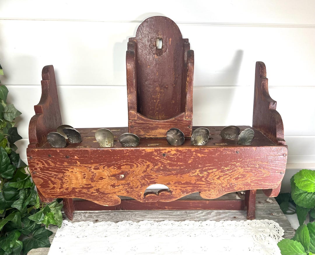 Antique 1800s Primitive Folk Art Spoon Rack Shelf W/pocket, 9 Antique ...