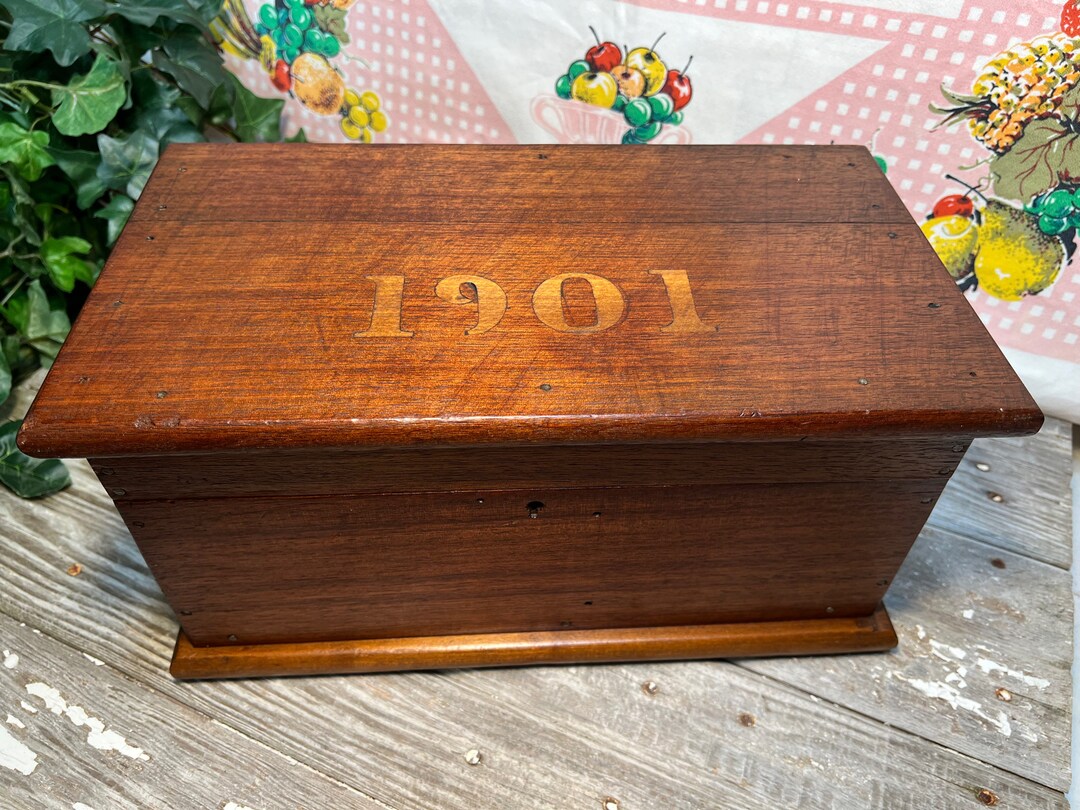 Antique 1901 Wood Box W/ Inlaid Date, Rustic Handmade Wedding Marriage ...