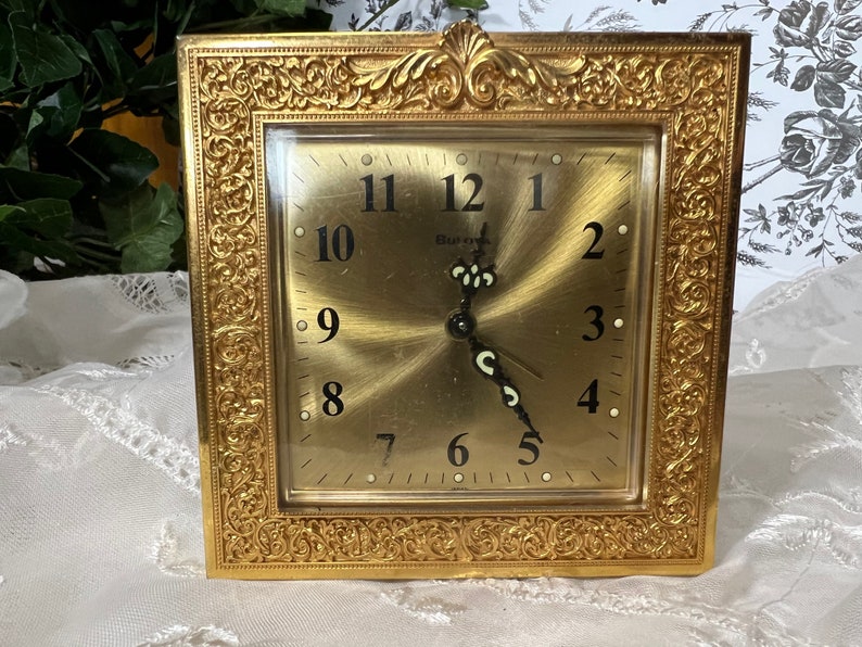 Vintage Bulova Square Ornate Gold Alarm Clock, Desk, Night Stand, Wind ...