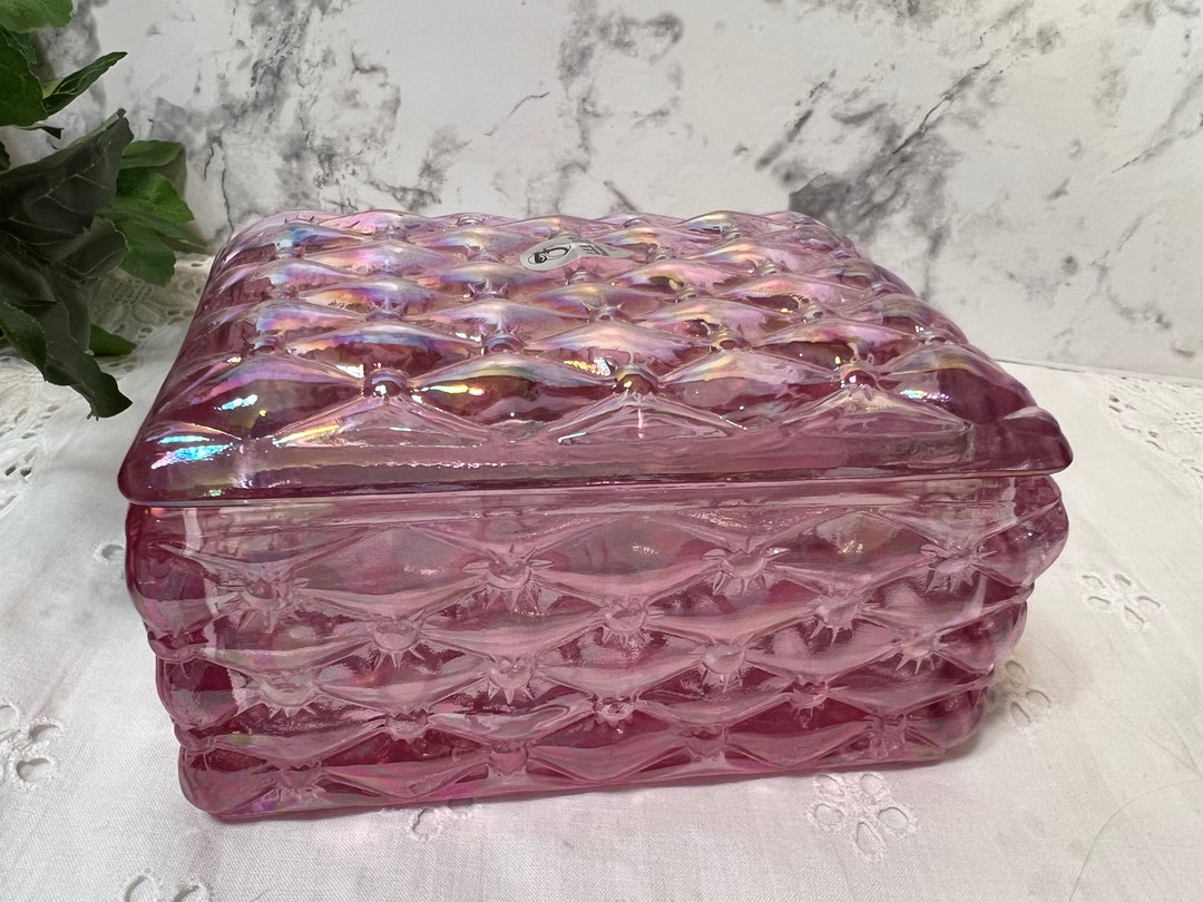 Vintage 1980s Fenton Box, Pink Iridescent Diamond Pattern, Art Glass ...