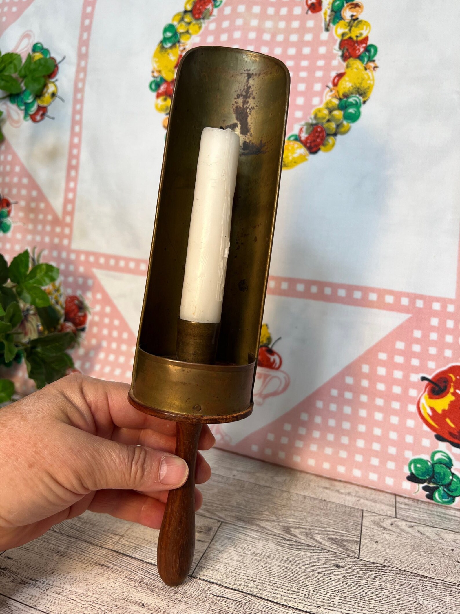 Antique Brass Candle Holder Sconce: Wood Handle, Rustic Farmhouse Decor ...