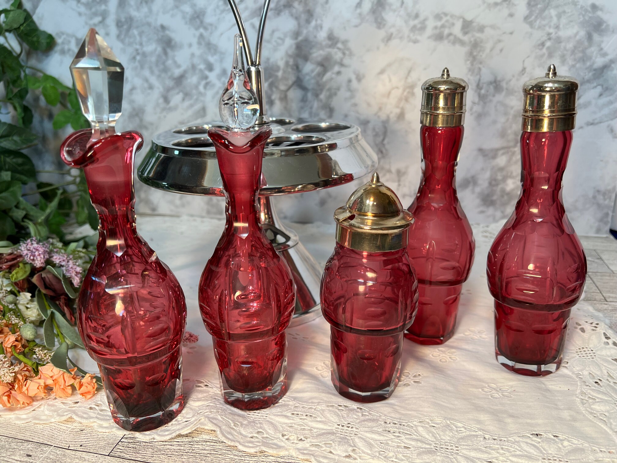 Antique 1800s Victorian Castor Set W/ Working Servant Bell, Ruby Glass ...