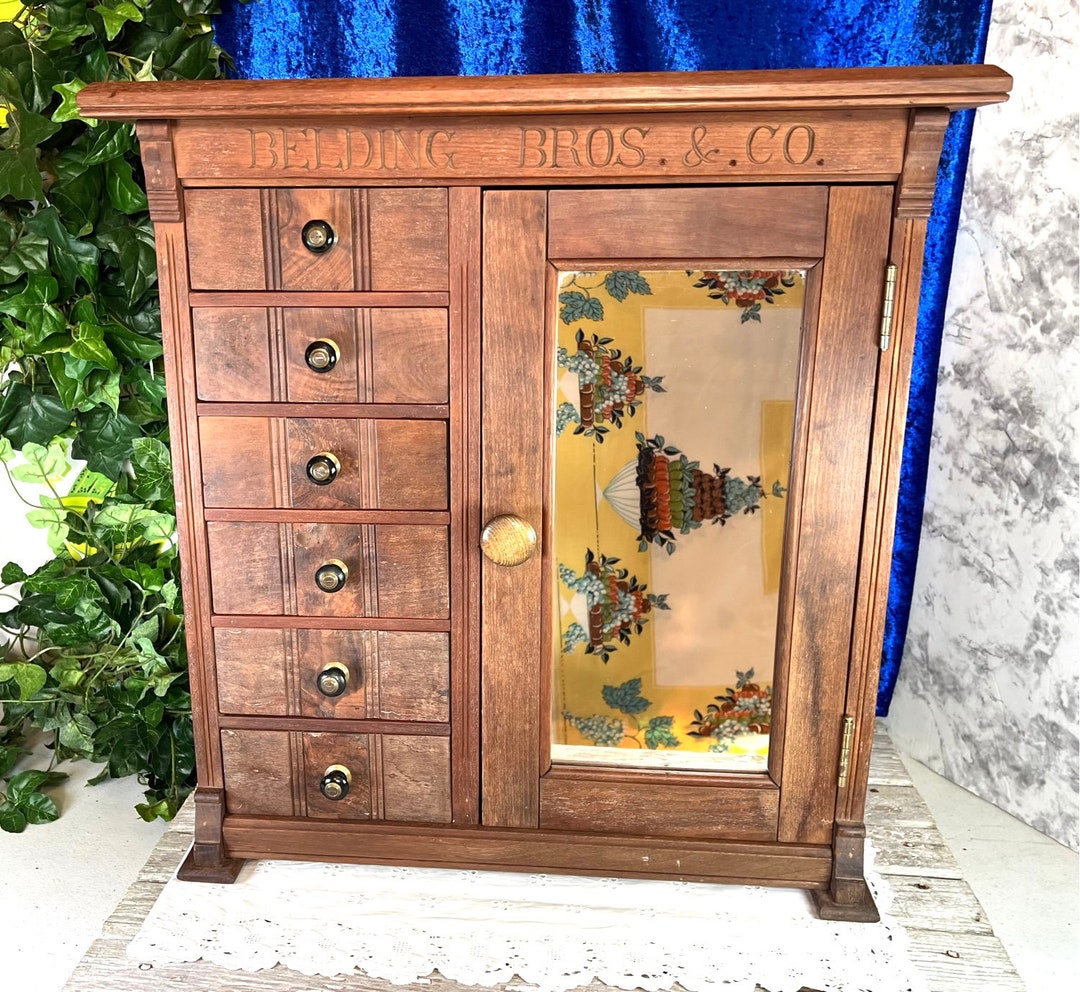 Antique Belding Bros. Spool Cabinet: Mirrored Door Thread Storage ...