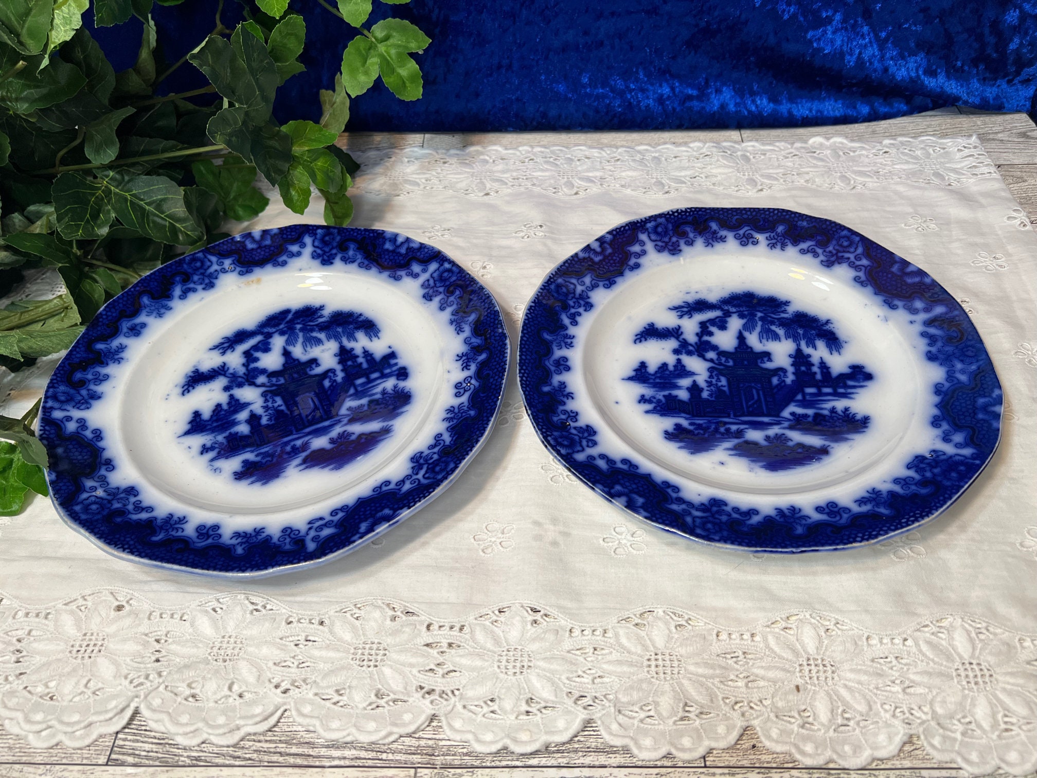 Very Rare 1840s Antique Flow Blue Plates, Set of 2, Middlesbrough ...
