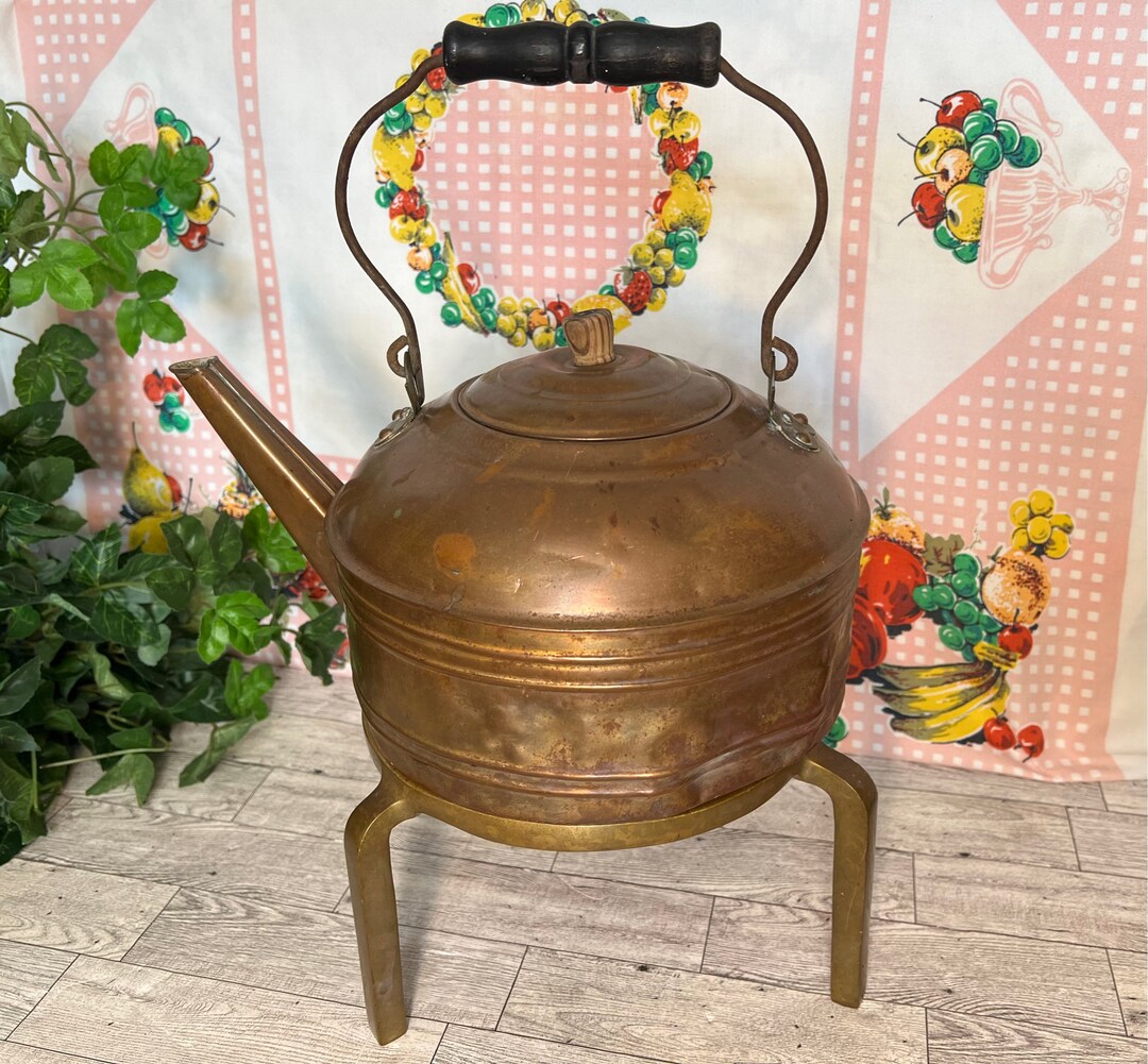 Antique Copper 9” Revere Ware Tea Pot Kettle, Brass Stand, Rustic ...