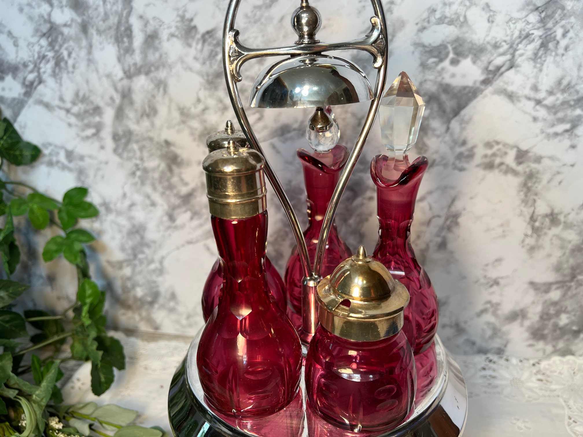 Antique 1800s Victorian Castor Set W/ Working Servant Bell, Ruby Glass ...