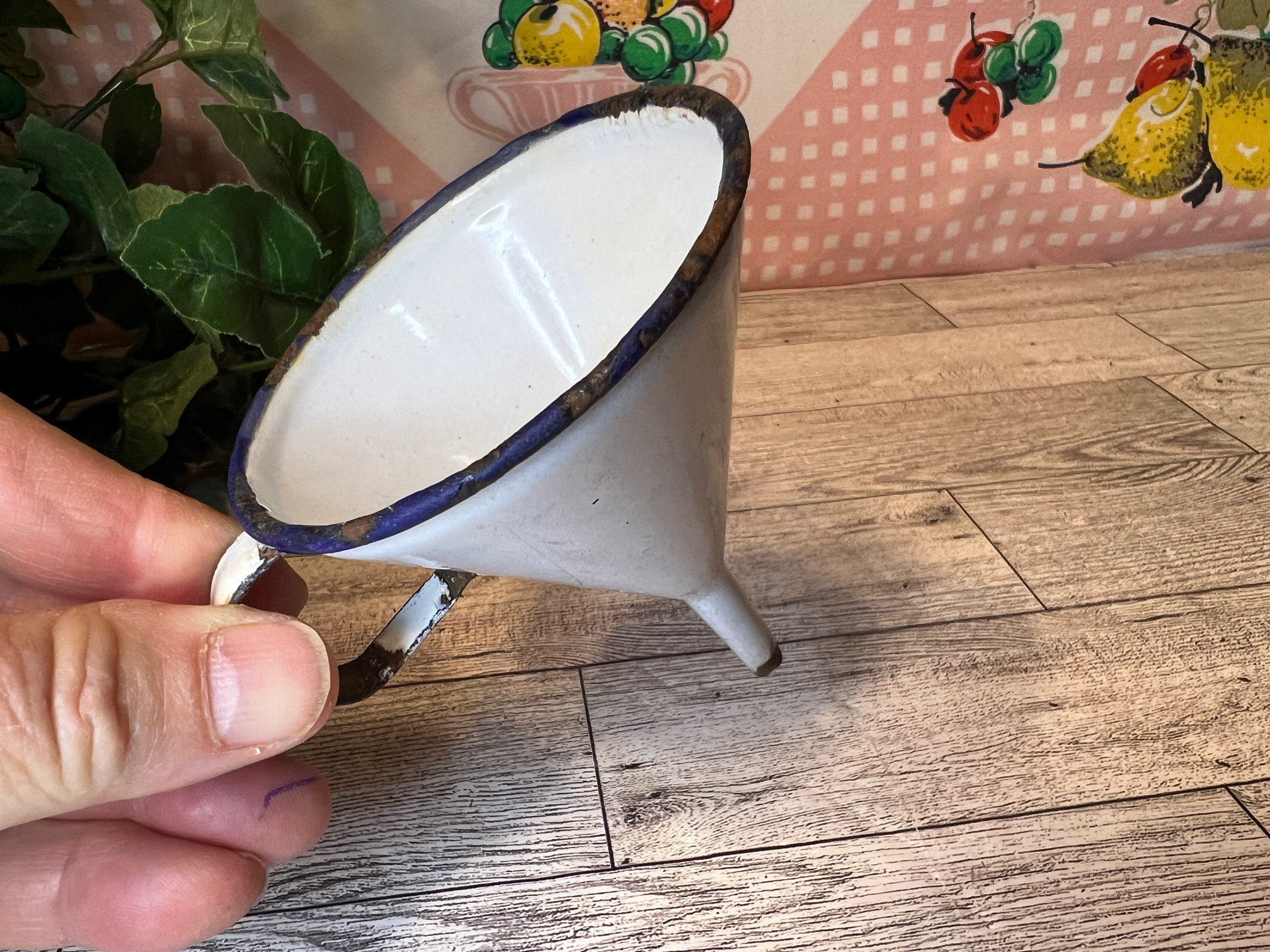 Vintage 1940s White Enamelware Funnel W/ Cobalt Blue Trim, Rustic ...