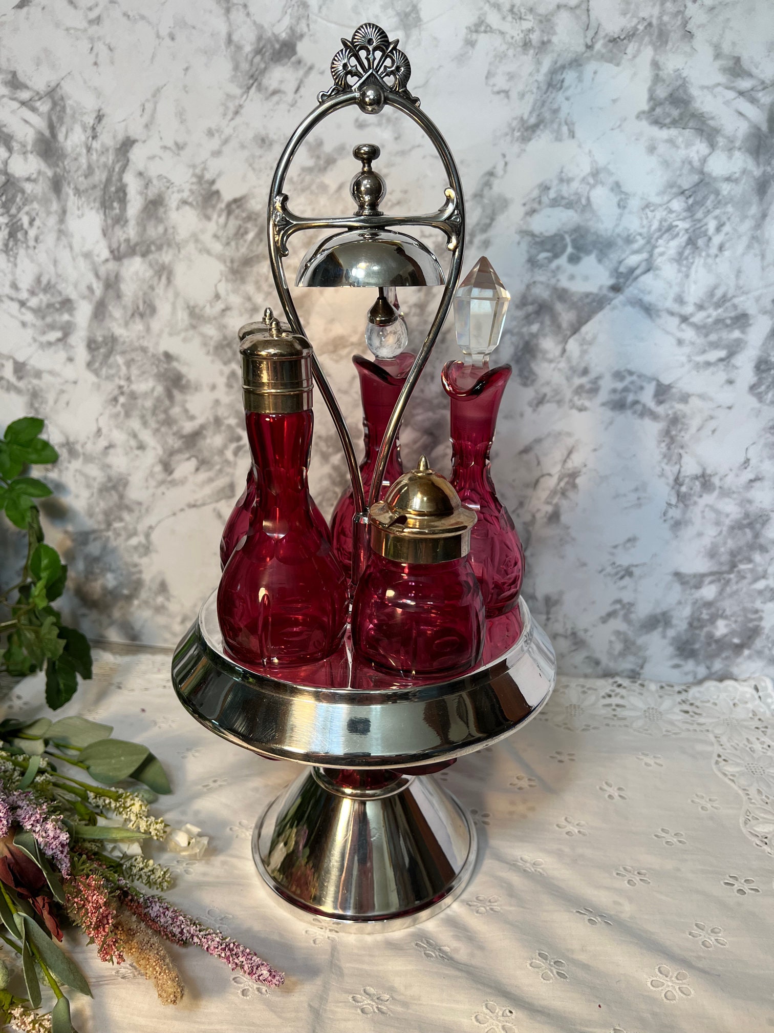 Antique 1800s Victorian Castor Set W/ Working Servant Bell, Ruby Glass ...