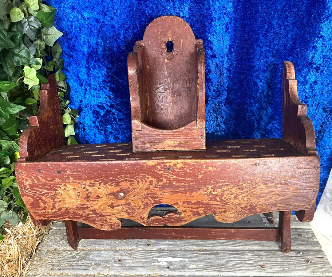 Antique 1800s Primitive Spoon Rack Shelf W/ Pocket, Hand Carved Painted ...