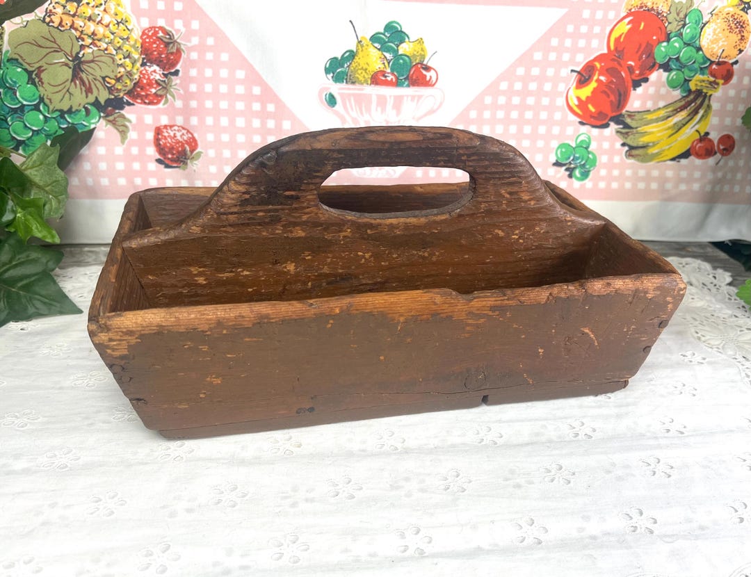 Old Vintage Handmade Small Wood Tote Box, Cutlery or Toolbox, Rustic ...