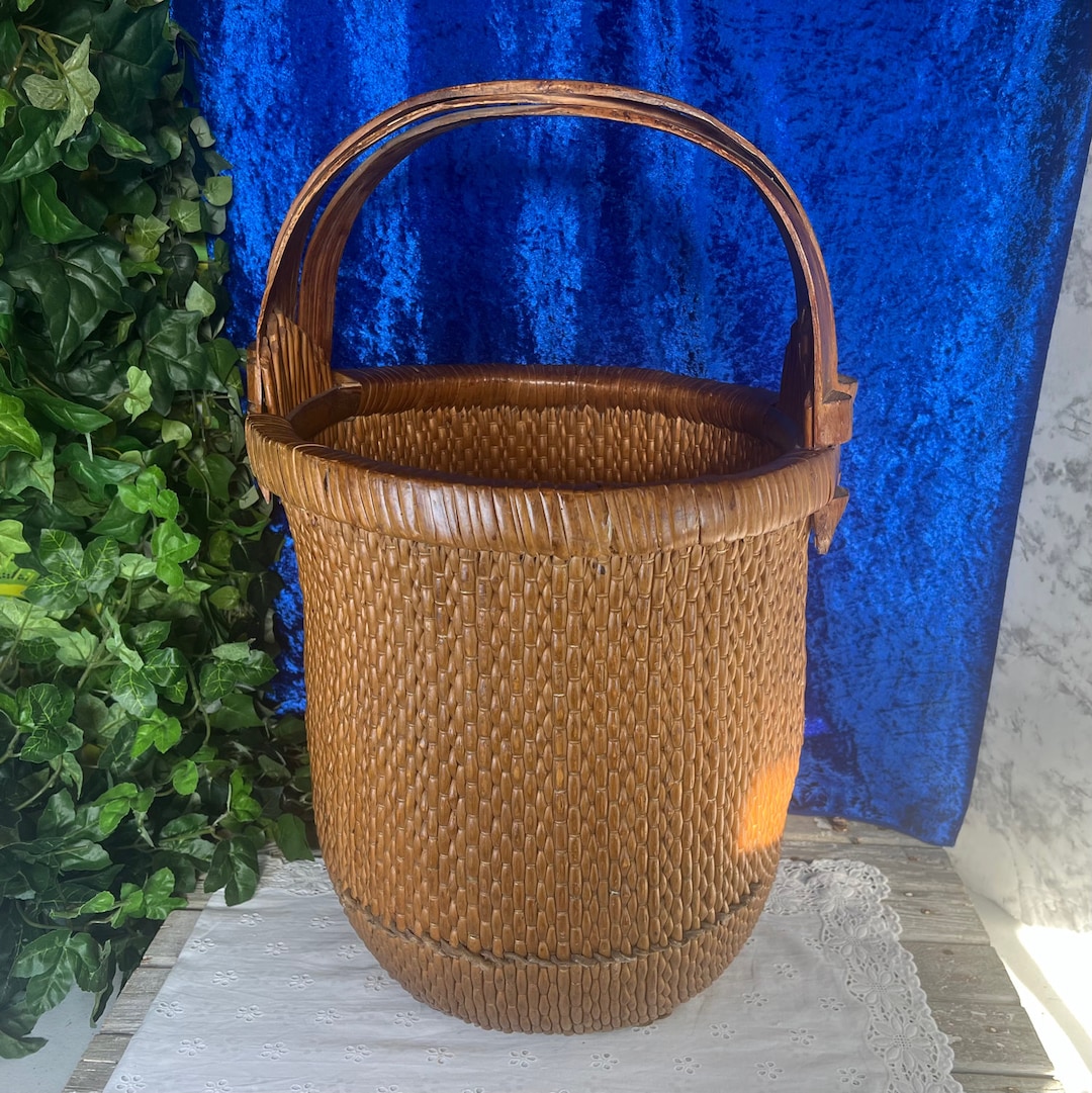 Large Antique Chinese Woven Rice Basket, 24” Tall, Triple Bent Wood ...