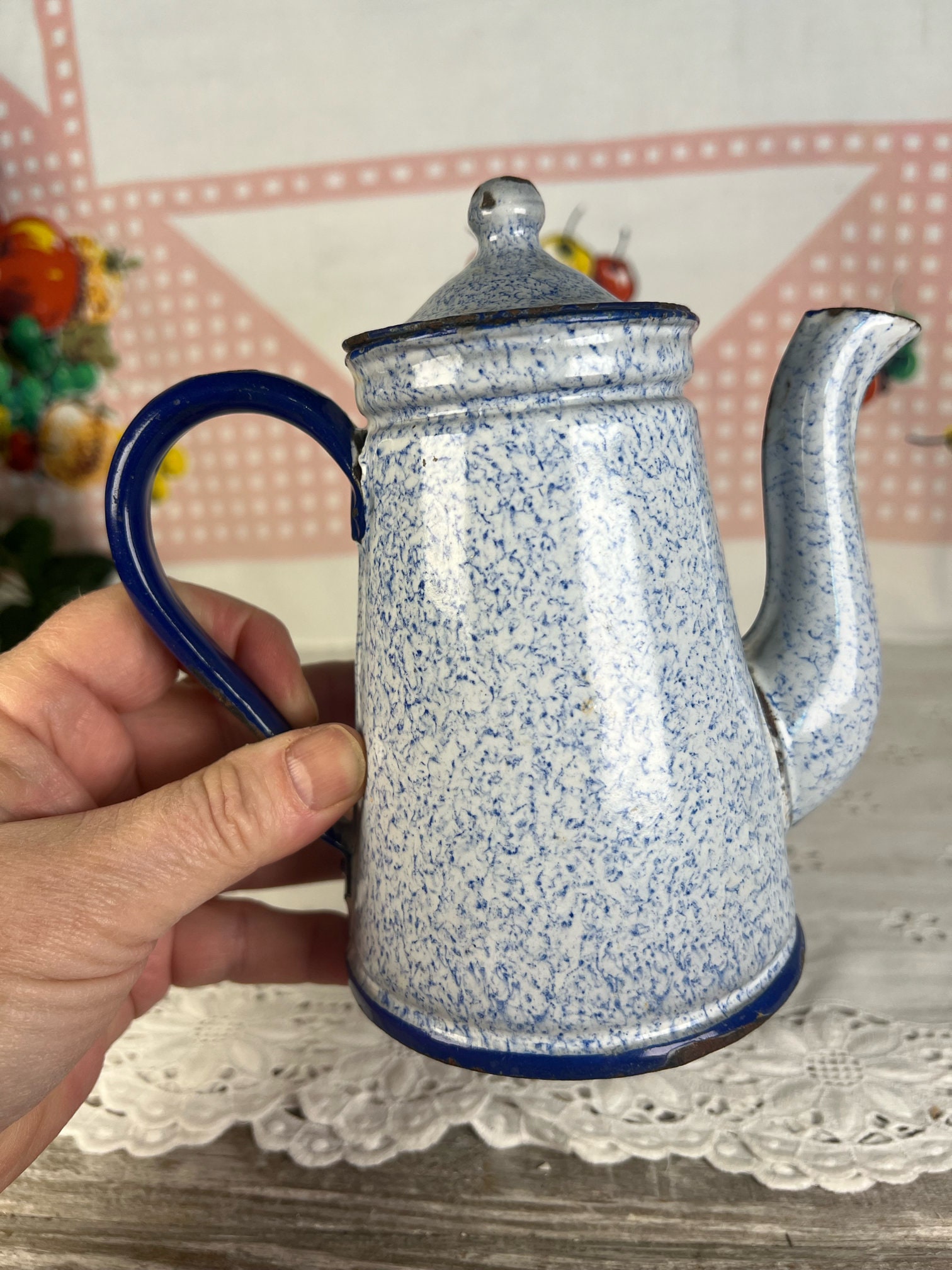 Vintage Enamelware Coffee Tea Pot, Cobalt Blue Small 2 Cup Enamel ...