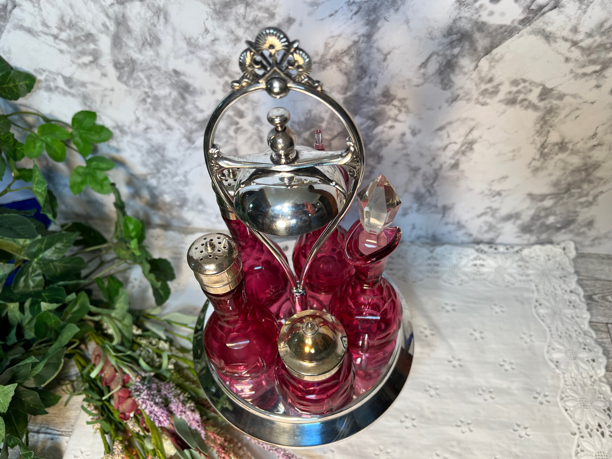 Antique 1800s Victorian Castor Set W/ Working Servant Bell, Ruby Glass ...