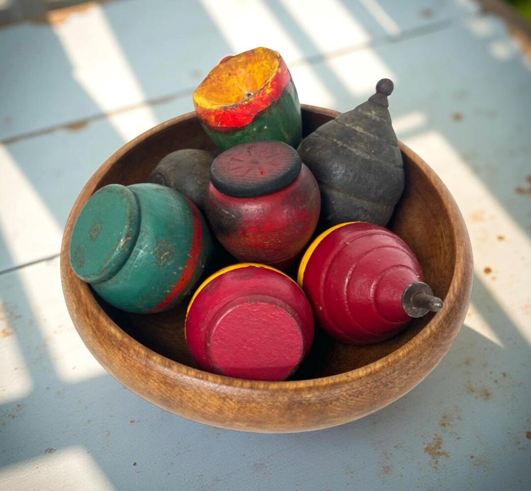 Vintage Wooden Spinning Tops Set: Rustic Farmhouse Decor, Wood Bowl ...
