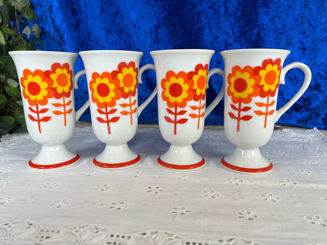 Vintage 1970s Coffee Mugs, Footed Pedestal Flower Power Cups, Set of 4 ...