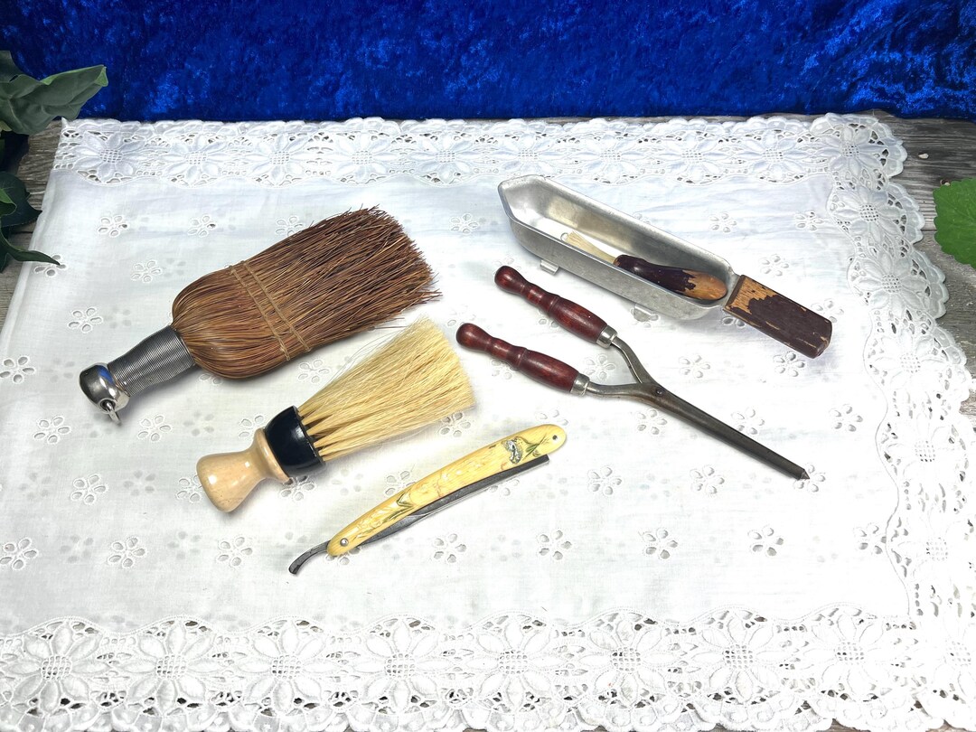 Antique Barber Shaving Tool Set, Straight Razor, Brushes, Curling Iron ...
