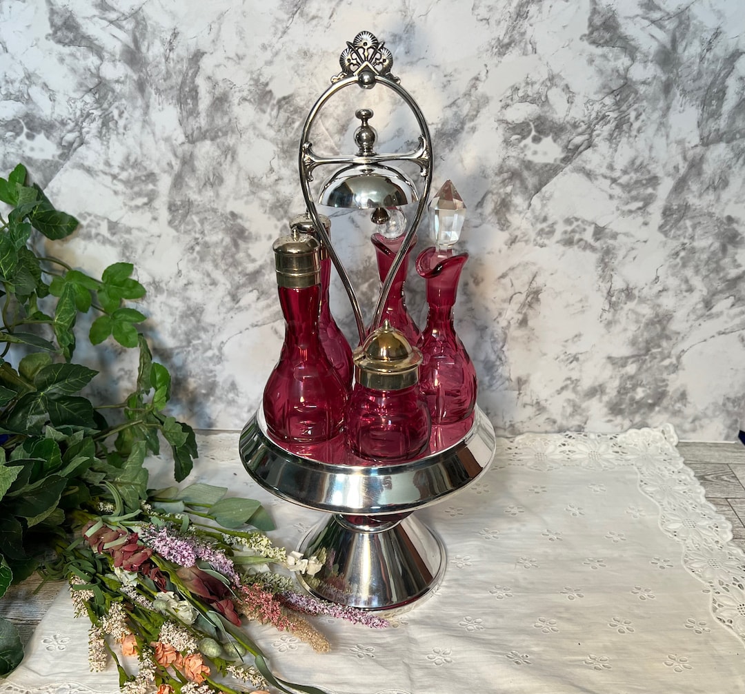 Antique 1800s Victorian Castor Set W/ Working Servant Bell, Cranberry ...