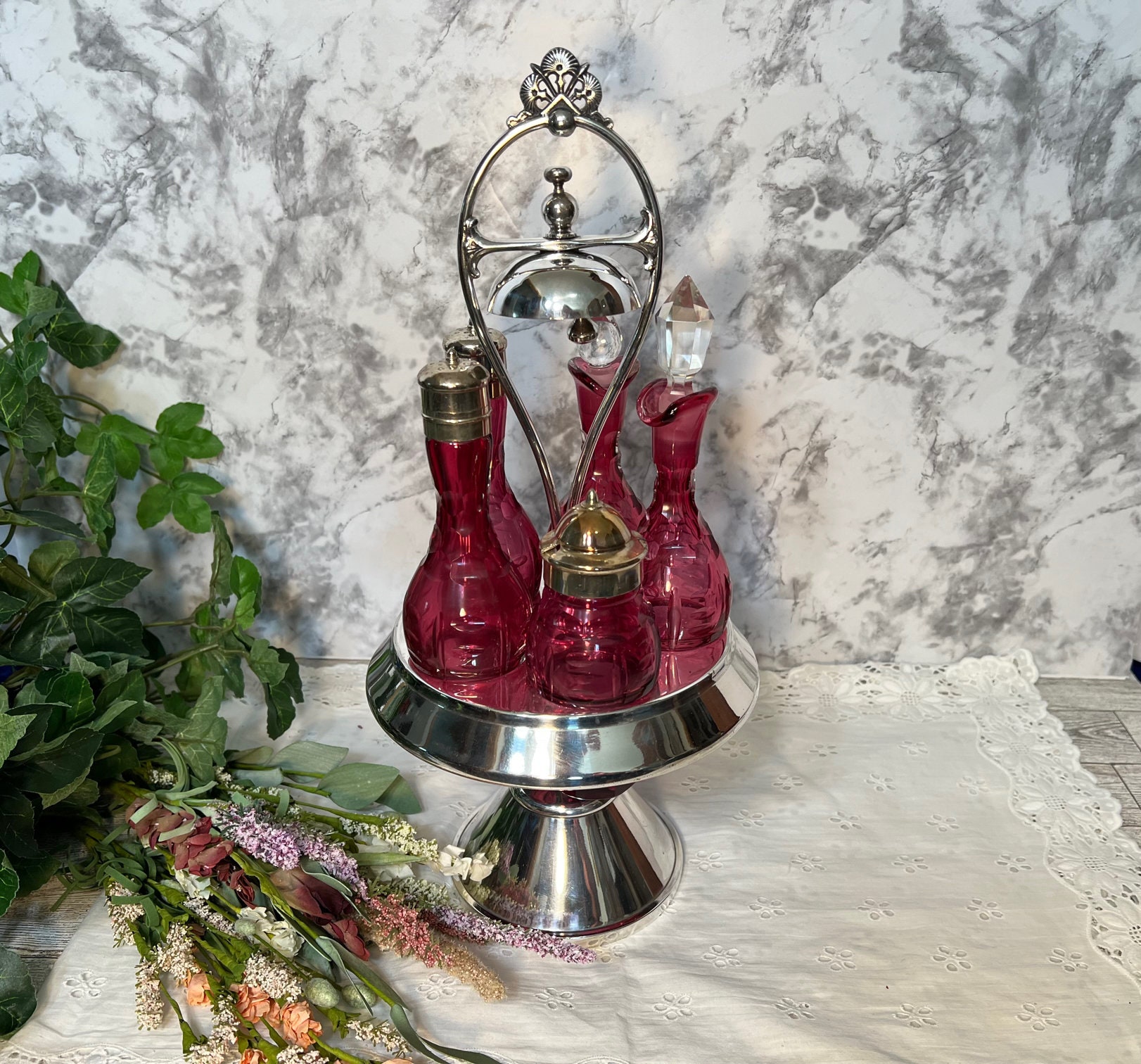 Antique 1800s Victorian Castor Set W/ Working Servant Bell, Ruby Glass ...