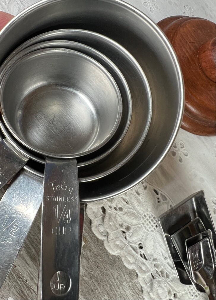 Vintage Foley Measuring Cups on Wood Stand, Stainless Steel, Shovel ...