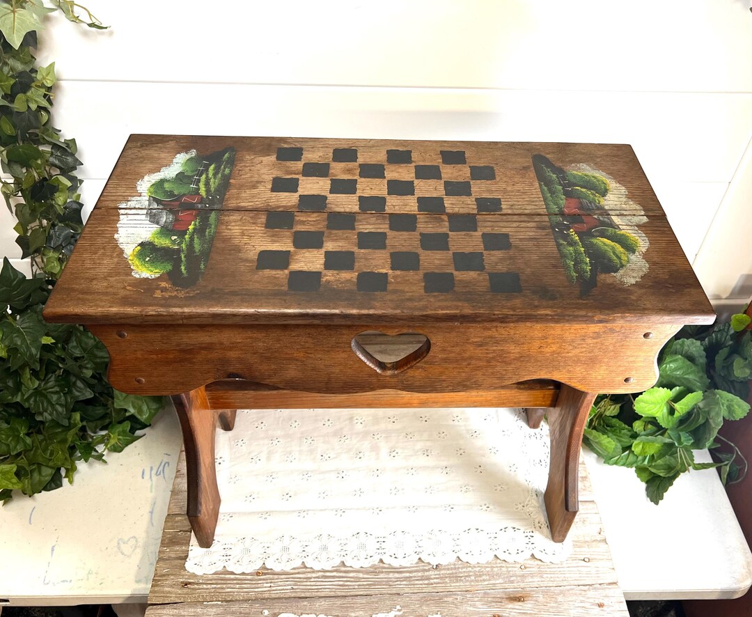 Vintage Hand Painted Bench, Chess, Checker Board, Rustic Country ...