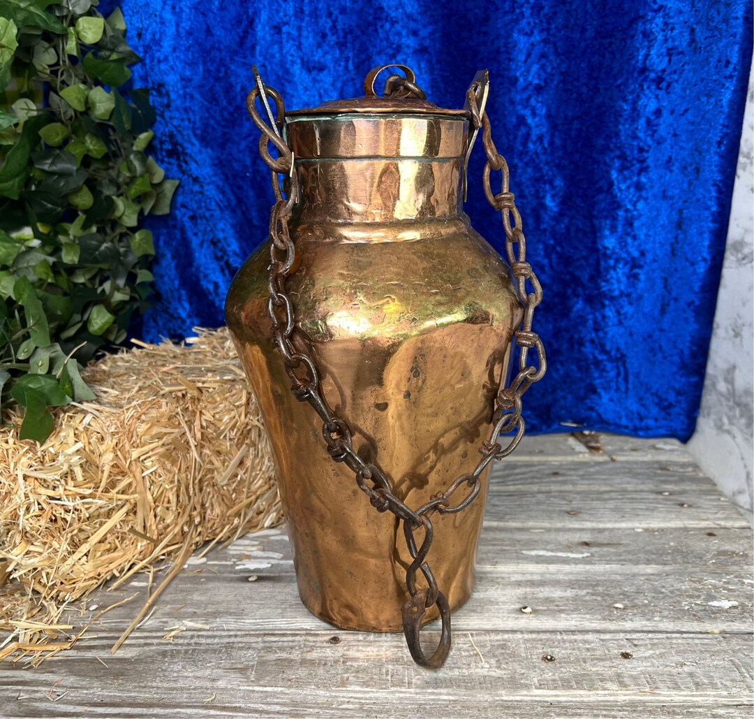 Antique 1800s Copper Hanging Urn Pot, Dovetail Seams, Forged Iron ...