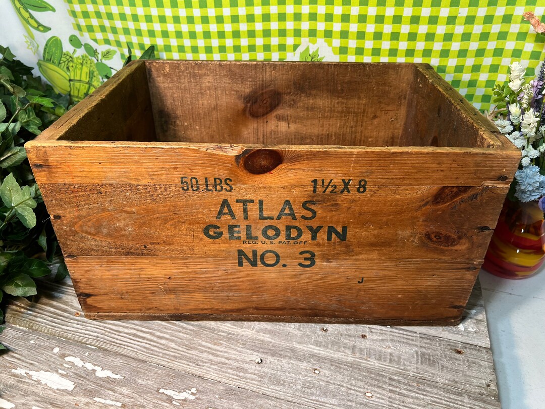 Vintage Atlas Powder Wood Box Crate, High Explosives Dangerous, Rustic ...