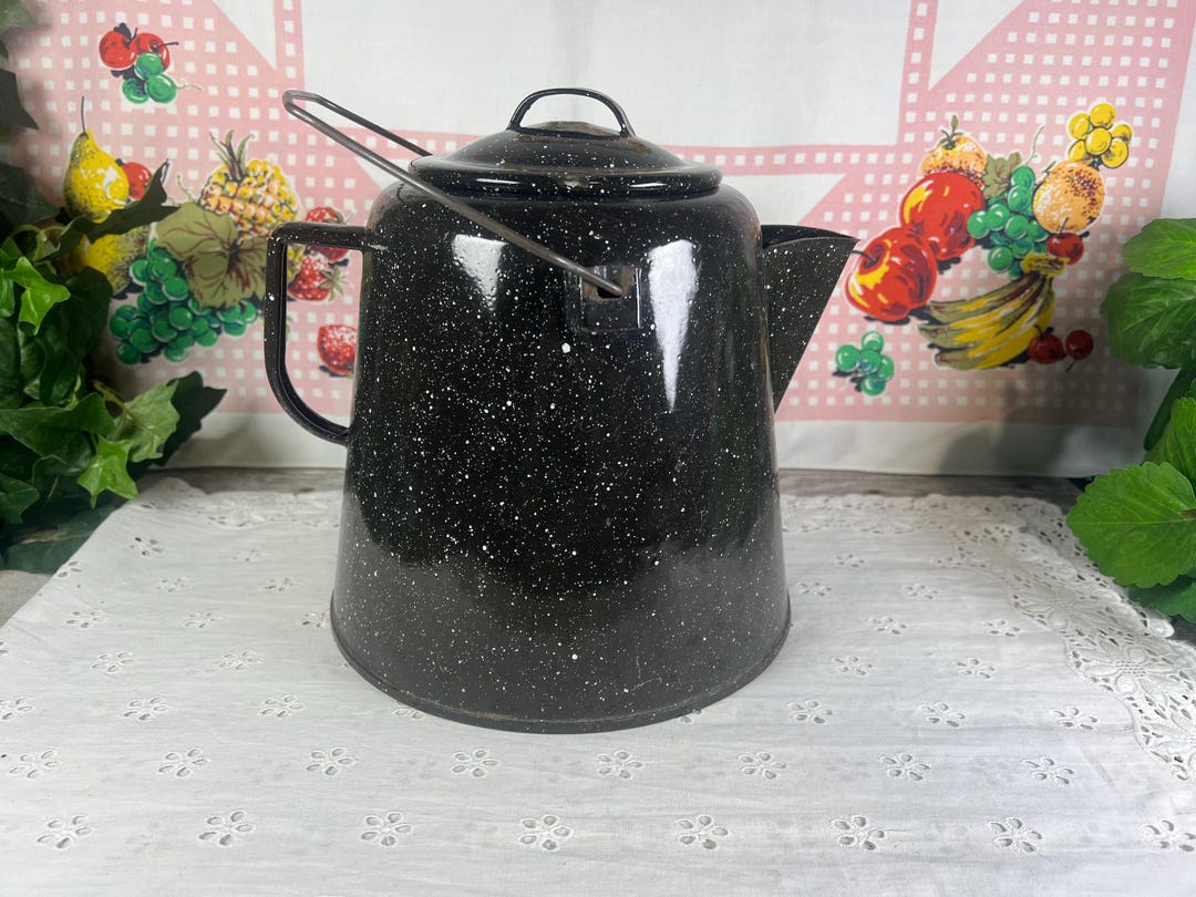 Vintage Enamel Cowboy Coffee Pot 1 Gallon Kettle, Bail Wire Handle ...