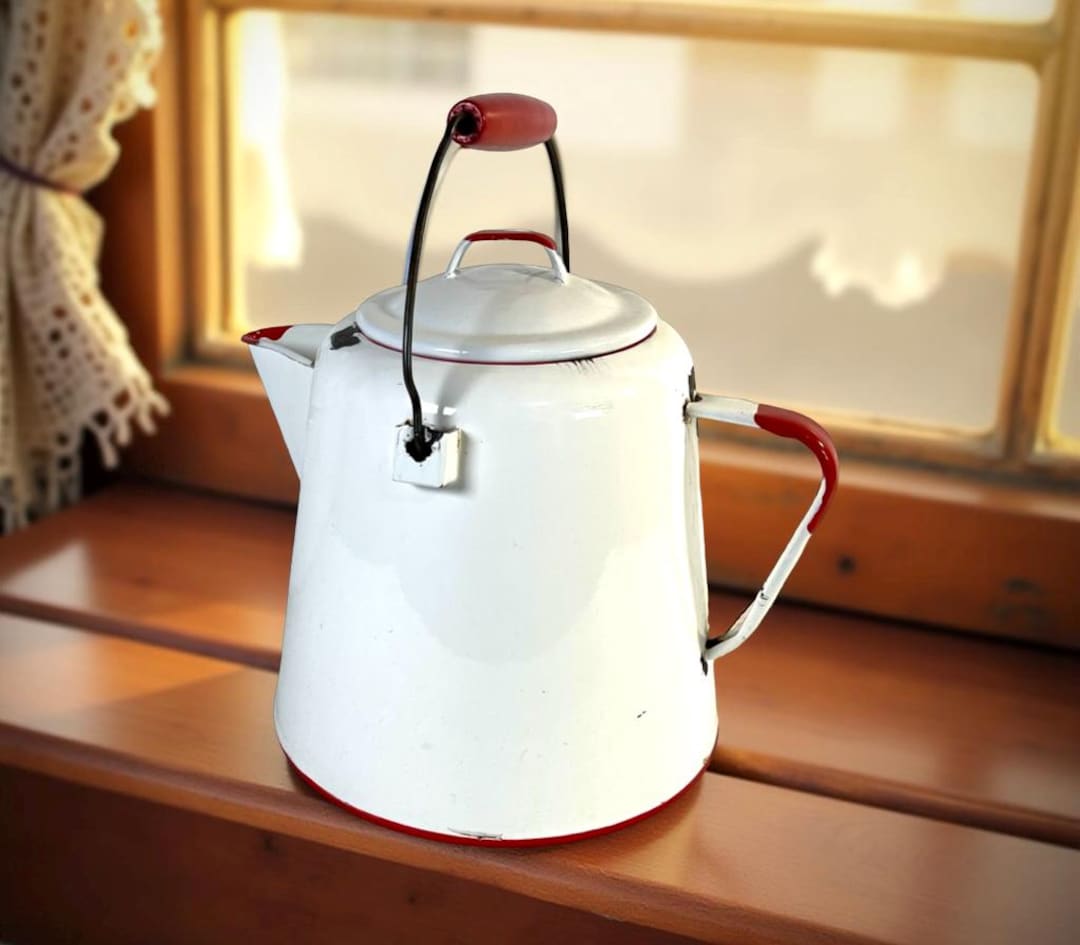 Vintage 1930s Enamel Coffee Pot: Red Trim, Wood Handle, Farmhouse Decor ...