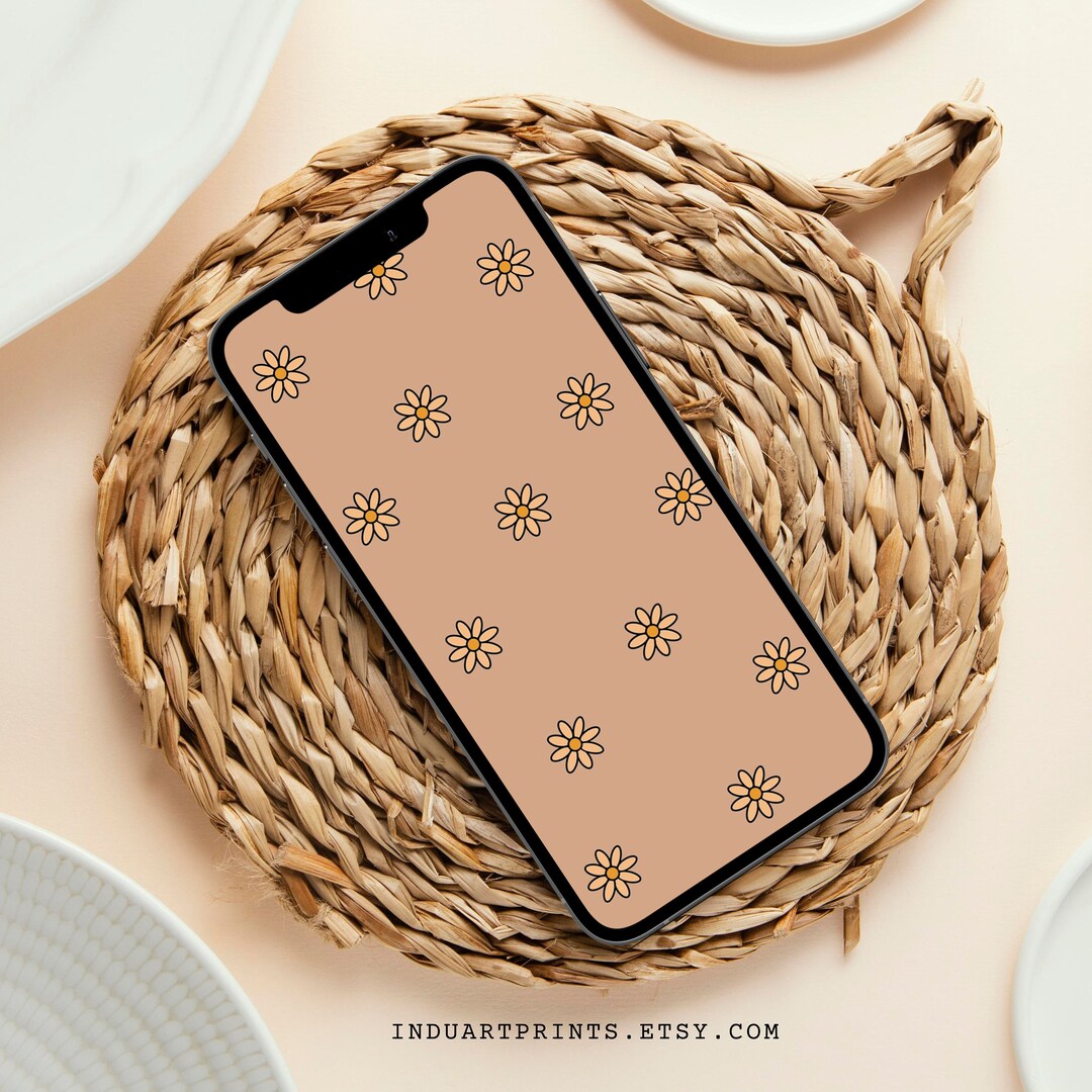 Boho Daisy iPhone Wallpaper, Neutral Beige Mobile Background, Minimal ...