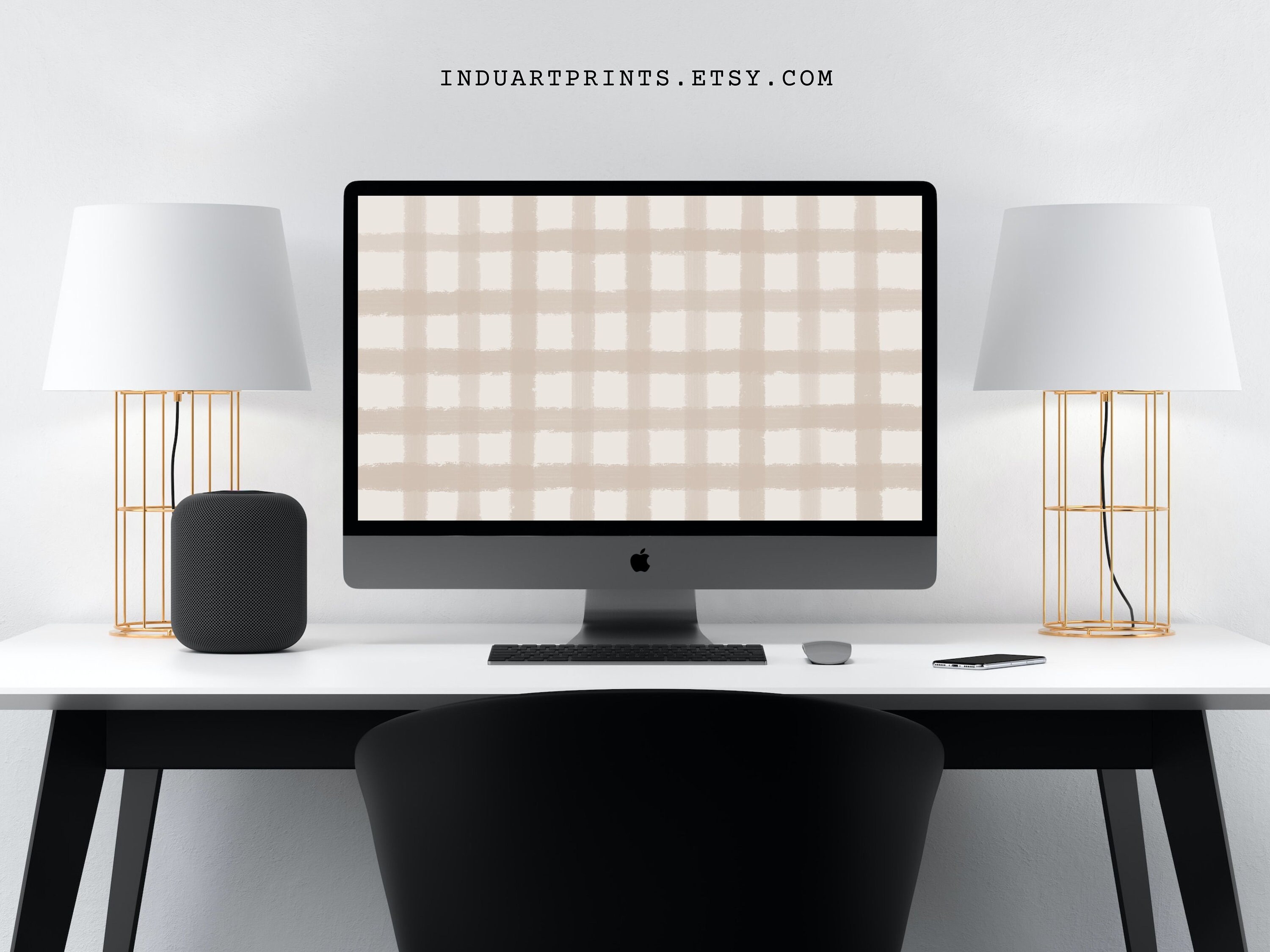 Neutral Gingham Desktop Wallpaper, Beige Minimalist Plaid Background ...