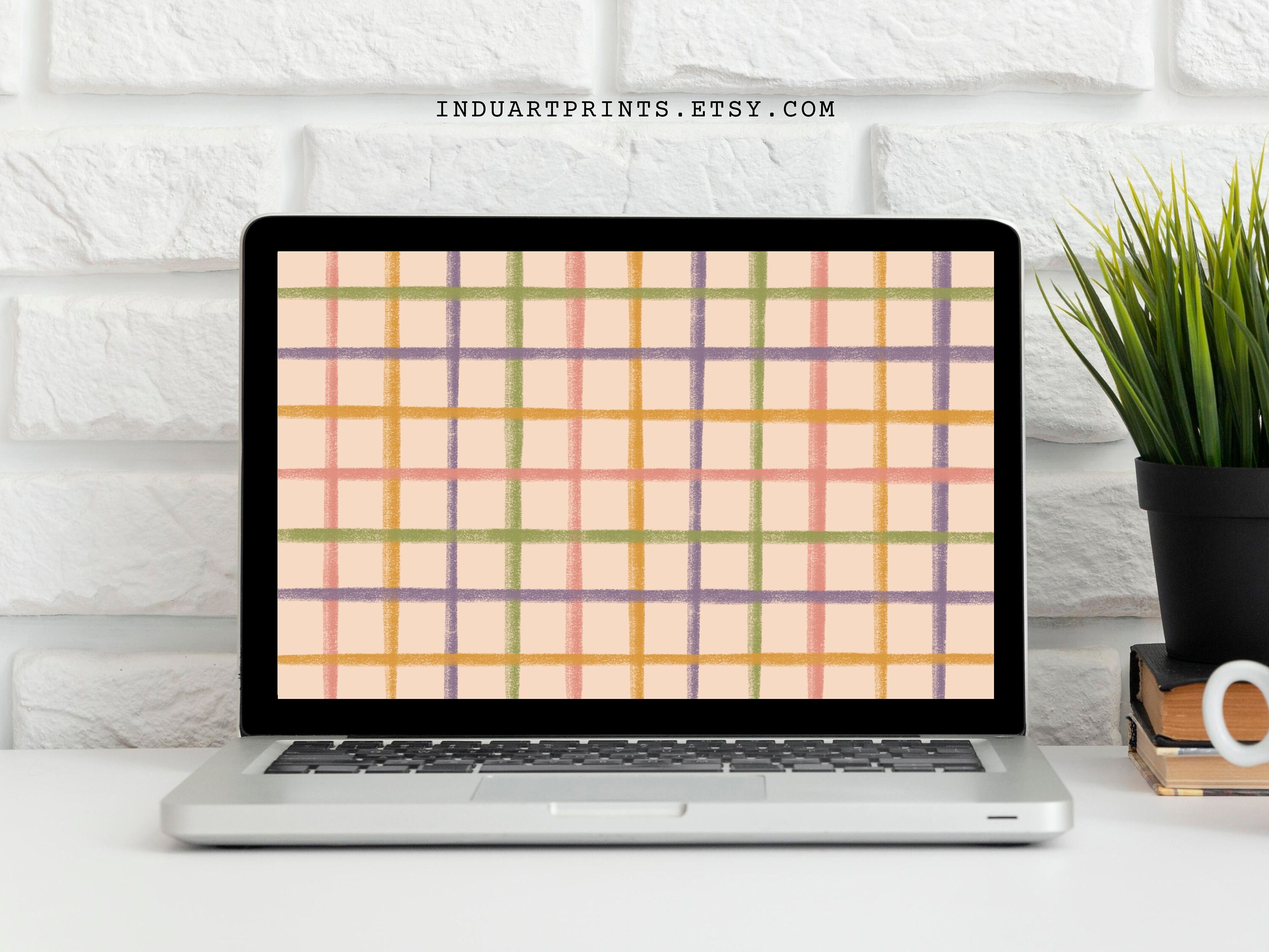 Colorful Gingham Laptop Wallpaper, Beige Minimalist MacBook Background ...
