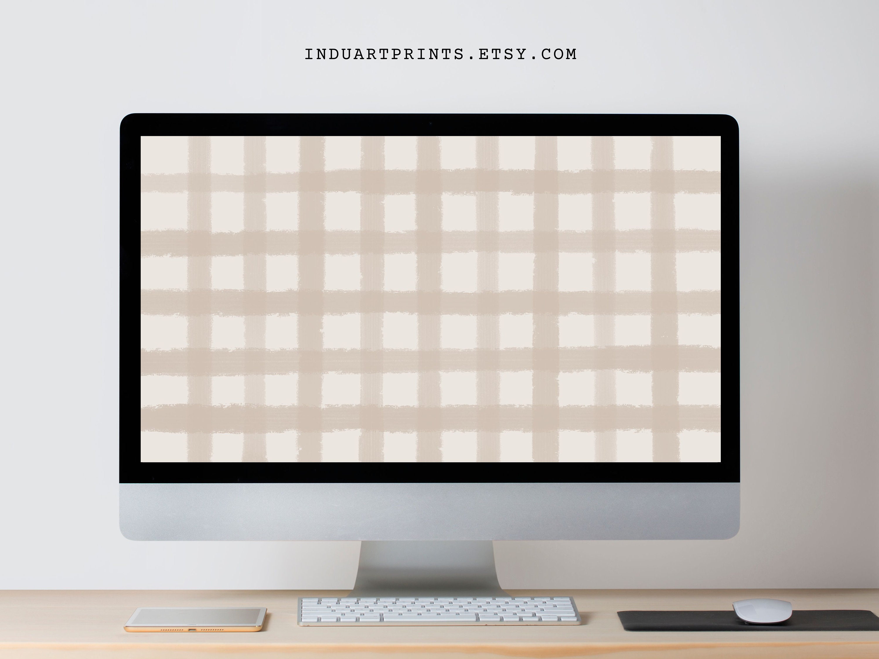 Neutral Gingham Desktop Wallpaper, Beige Minimalist Plaid Background ...