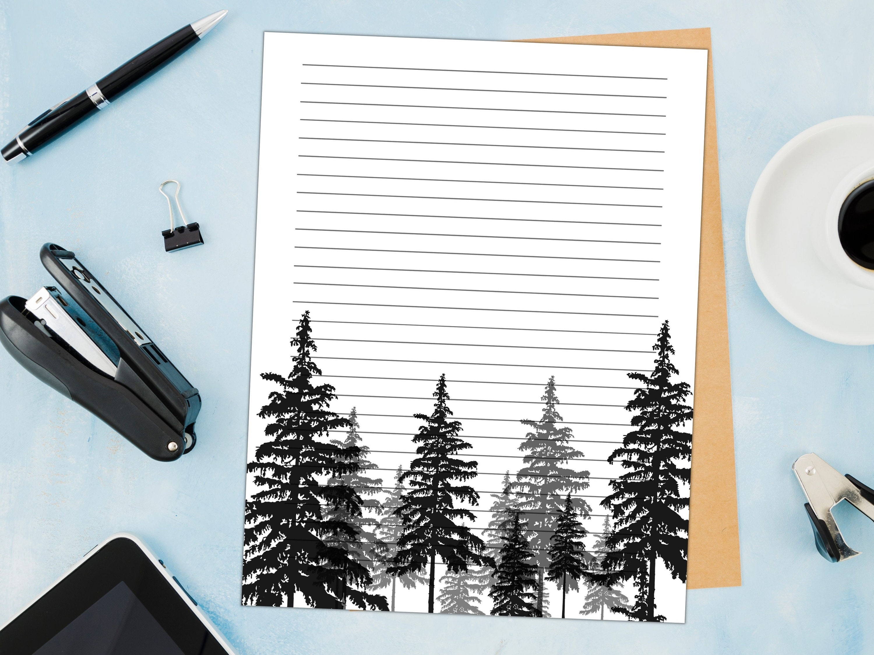 Pine Trees Printable Stationery Paper, Forest Nature Letter Writing ...